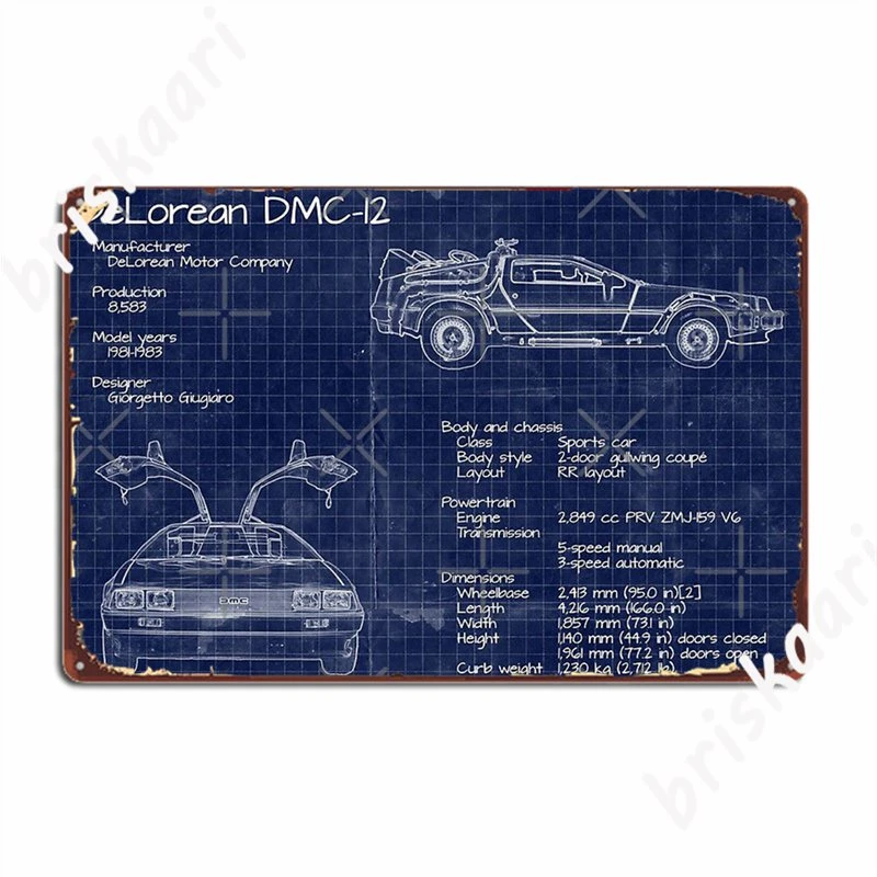 Back To The Future Delorean Blueprints Metal Signs Garage Club Wall ...
