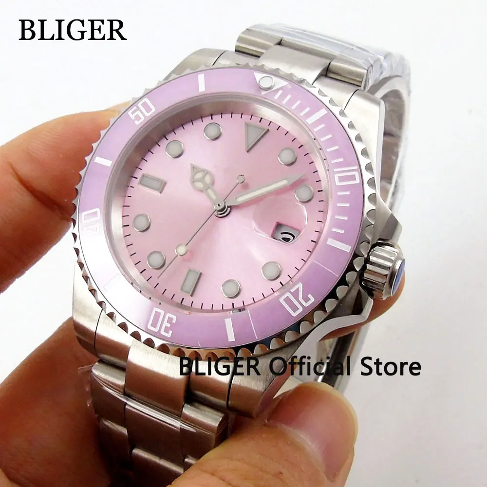 Luxury BLIGER 40mm Pink Sterile Dial Luminous Sapphire Glass Ceramic ...