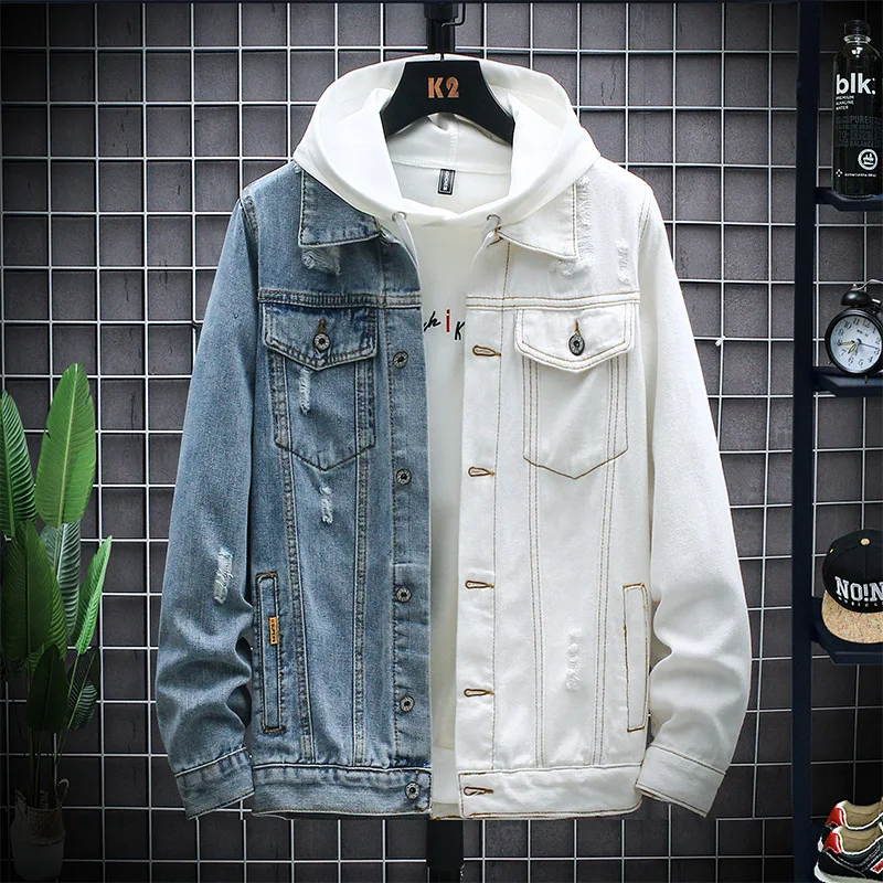 Blue White Patchwork Denim Jacket Men Hip Hop Streetwear Coat Design ...