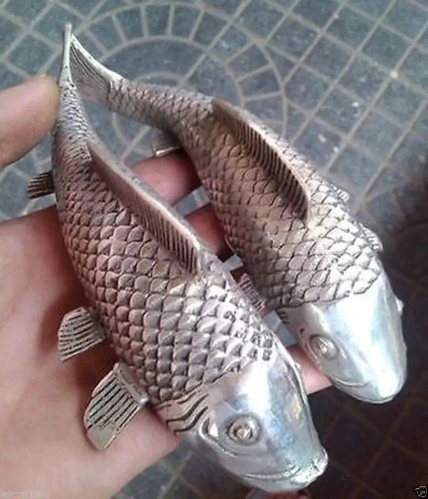 a pair Folk Tibetan Silver carvings a auspicious lifelike Wealth fish ...