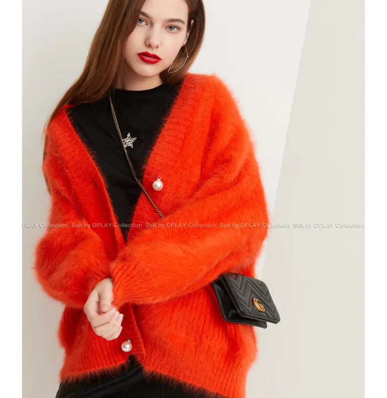 100% Angora Loose V-neck Cardigan Winter New Fluorescent Orange Mink ...