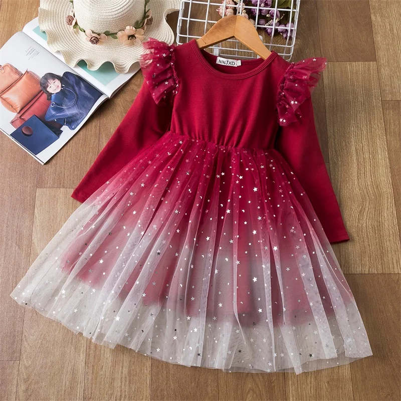 Girls Long Sleeve Christmas Red Dress Winter Warm Round-neck Kids ...