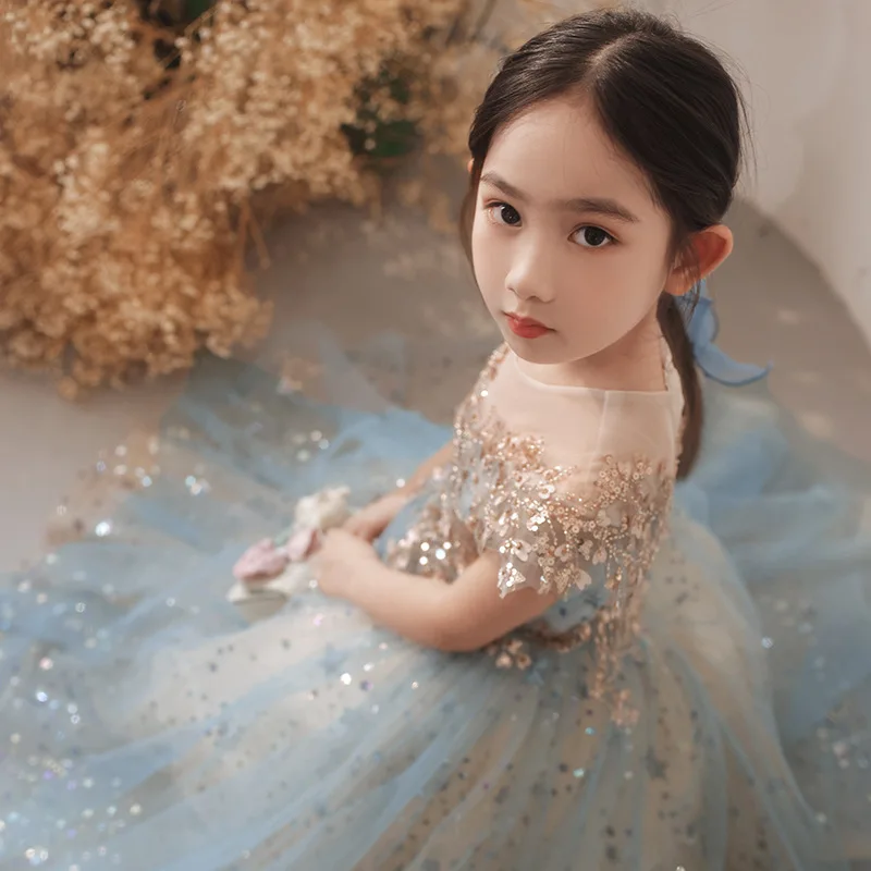 Girls Dress Lace Gauze Sequin Long Prom Costume Wedding Party Children ...