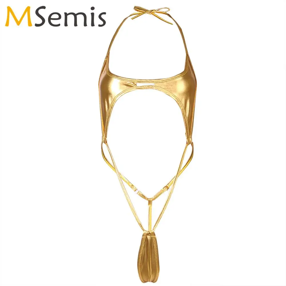MSemis 여성용 샤이니 모노키니 란제리 시시 홀터, 하이 컷 마이크로 비키니 끈 바디 수트, 섹시한 잠수복 가죽 수영복|테디 ...