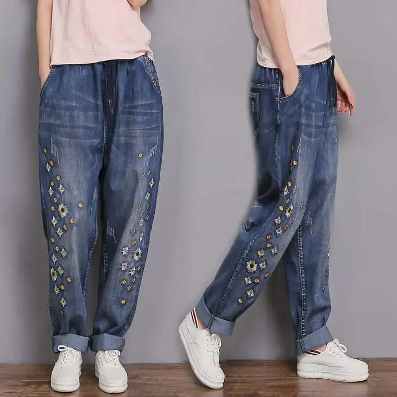 2XL 6XL Plus Size High Quality Embroidery flowers jeans female fashion ...