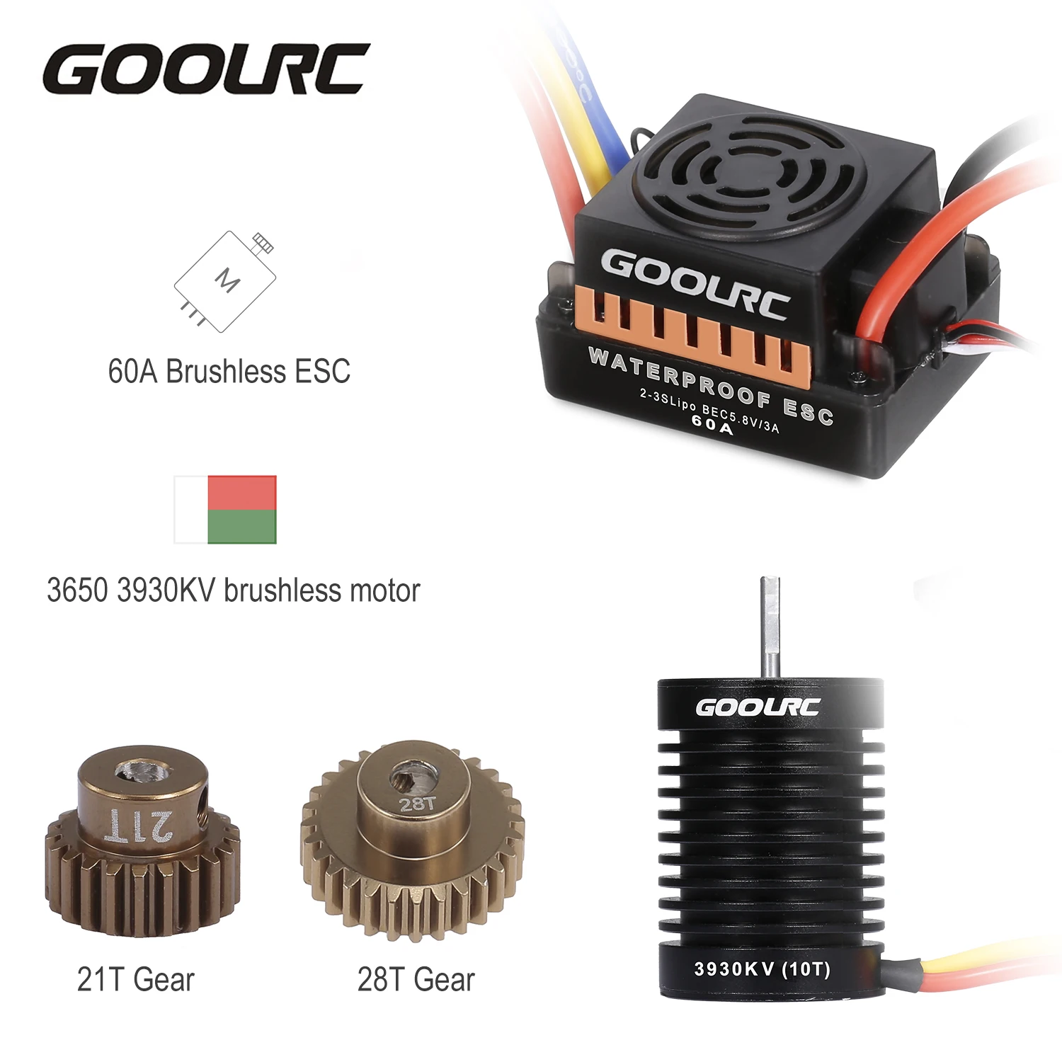 GoolRC 10T Motor 3650 3930KV Brushless Motor 60A ESC Electronic Speed ...