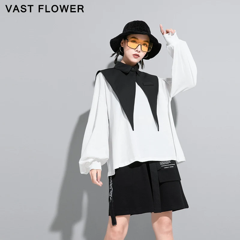 Patchwork-Contrast-Color-T-Shirt-Women-New-Lapel-Lantern-Sleeve-Loose ...