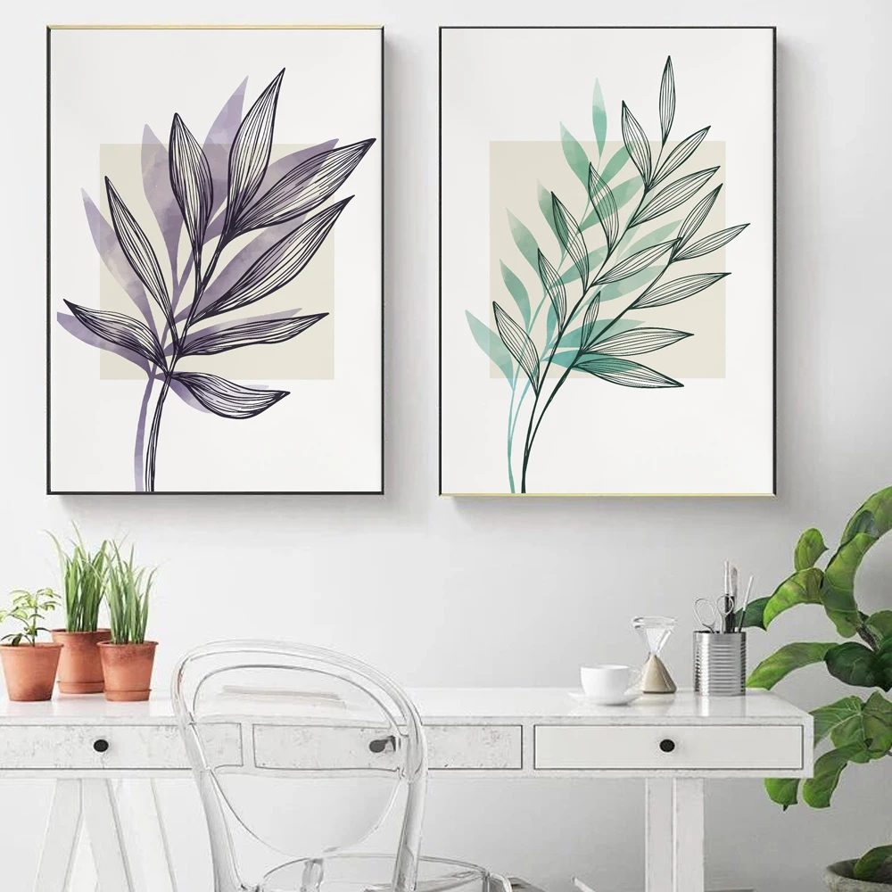 Abstracto-verde-roxo-folhas-de-plantas-pintura-da-lona-arte-da-parede-n ...