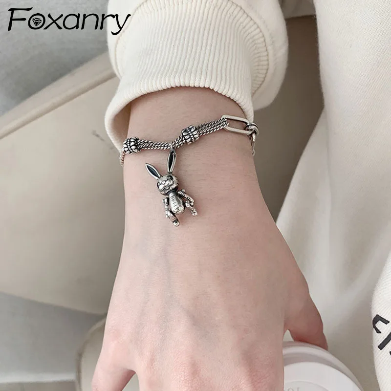 Foxanry 실버 컬러 팔찌 여성용 패션 힙합 빈티지 커플 멀티 레이어 체인 토끼 펜던트 파티 쥬얼리팔찌 And 뱅글