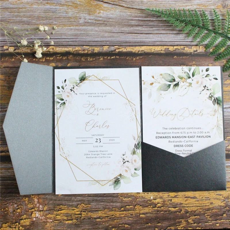 Black Wedding Invitation Card Tri-fold Pocket Shimmer Country Party ...