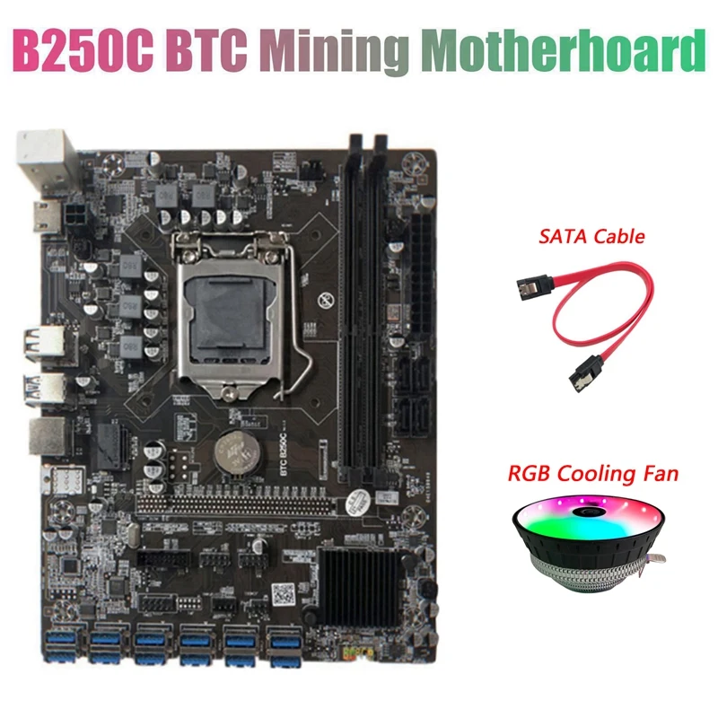 BTC B250C Mining Motherboard with RGB Cooling Fan+SATA Cable 12 PCIE to ...