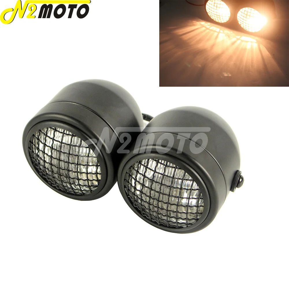 Motorcycle Black Twin Headlight Mesh Grill Dual Head Light Front Lamp ...