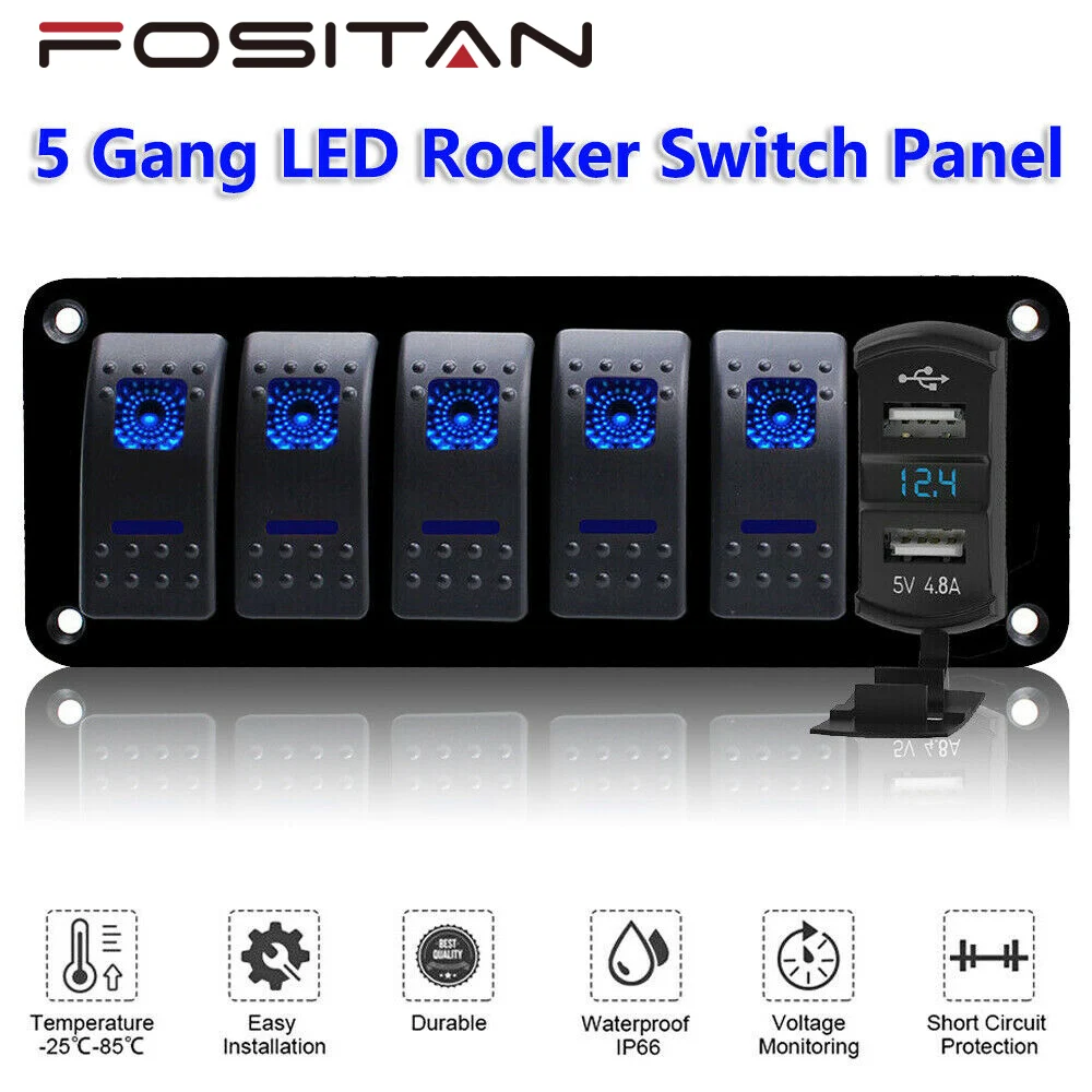 12V/24V Multifunctions Panel Kit Dual USB 5 Gang LED Rocker Switch ...