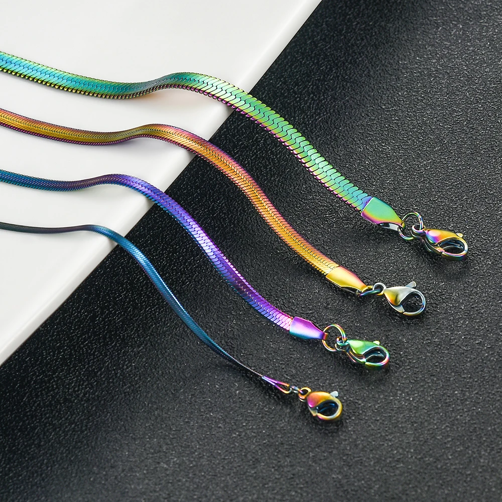 Stainless Steel Snake Rainbow Color Necklace Flat Chain Jewelry Gift ...