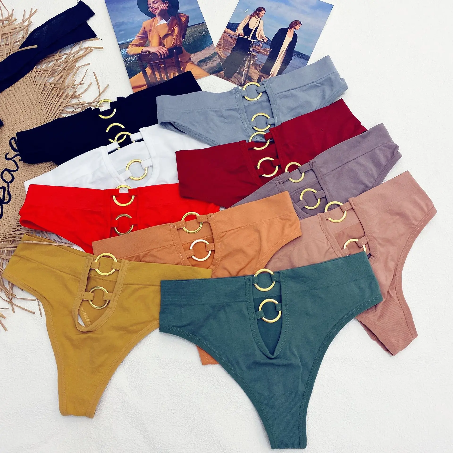 New Women's Underwear Sexy Solid Color Panties Fashion Metal Ring ...