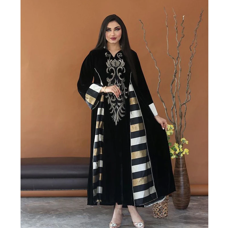 Middle East Muslim Women Velvet Long Dress Autumn Winter Embroidery ...