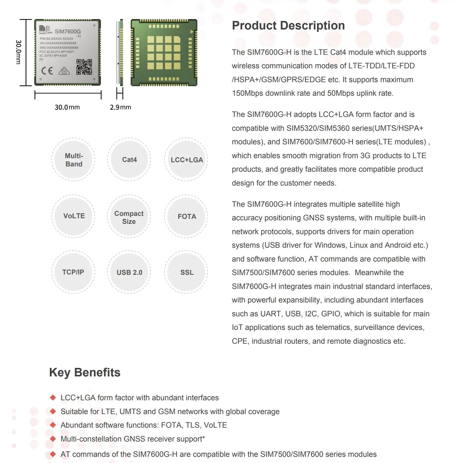중국 저가형 SIMCOM SIM7600G-H R2 미니 Pcie 4G LTE CAT4 모듈 글로벌 버전 교체 SIM7600E-H ...