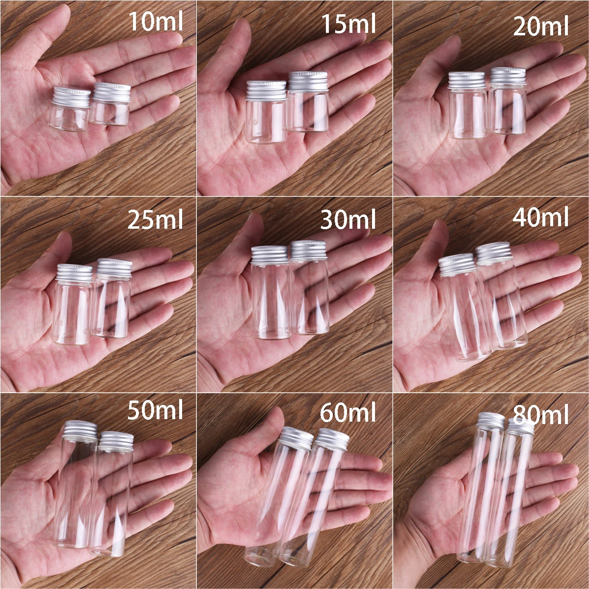 24pcs/lot 10ml 15ml 20ml 25ml 30ml 40ml 50ml 60ml 80ml 100ml Glass Bottles Jars With Aluminum ...