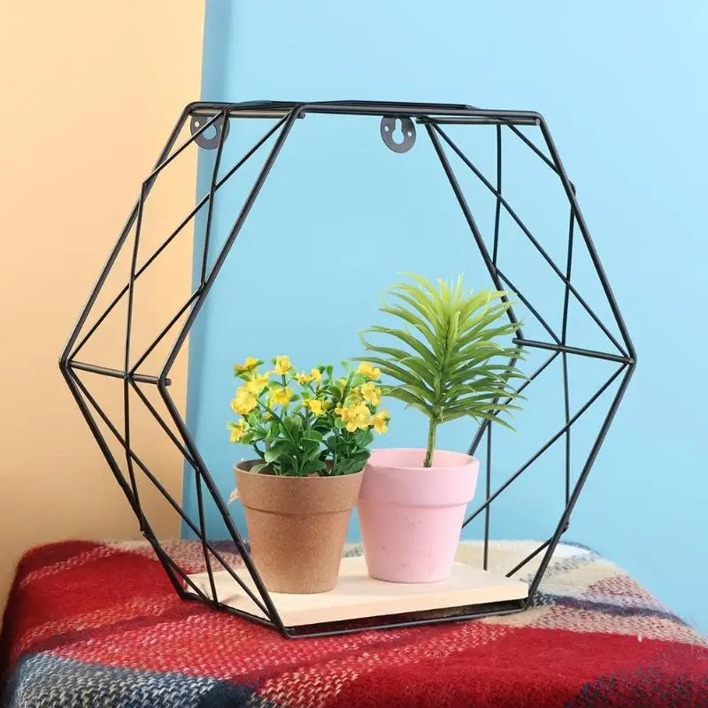 Деревянный стеллаж для хранения в скандинавском стиле с железной шестигранной сеткой