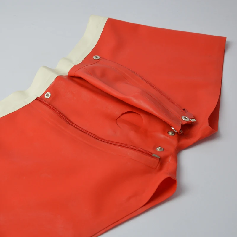 Handmade red with white trim latex shorts with front zipper cod-piece ...