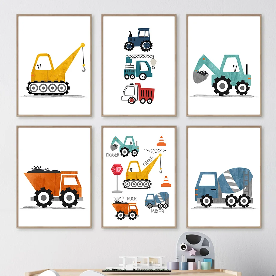 Cartoon-Number-Digger-Crane-Mixer-Dump-Truck-Wall-Art-Canvas-Painting ...