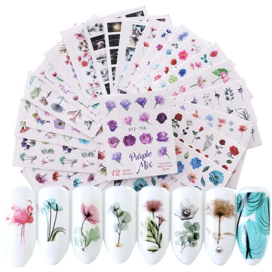 24-Sheets-sets-Spring-Nail-Water-Sticker-Flowers-Leaves-Graffiti-Slider ...
