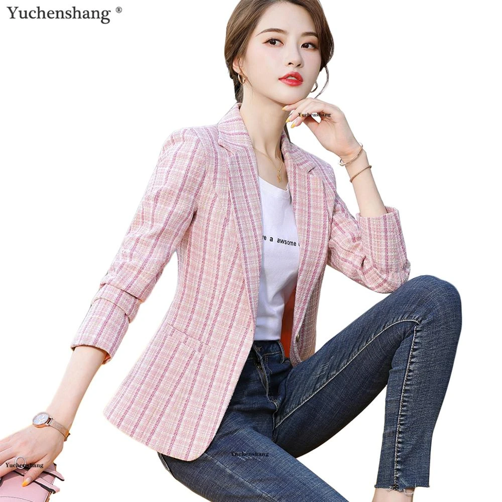 Woman Pink Apricot Plaid Blazer Autumn Winter Outwear Casual Jackets ...