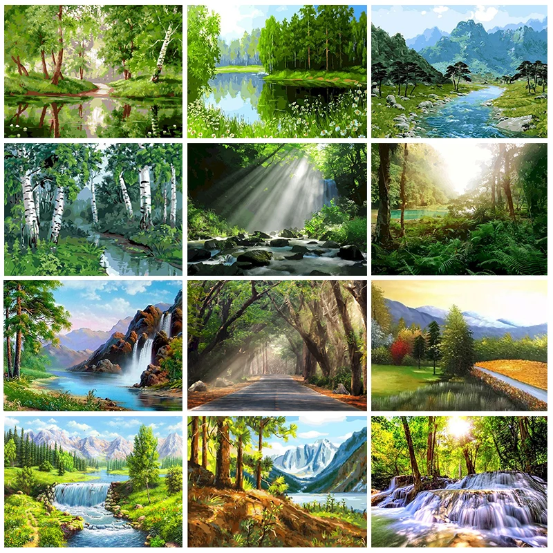 Gatyztory Frame Green Tree Lake DIY Painting By Numbers Landscape ...