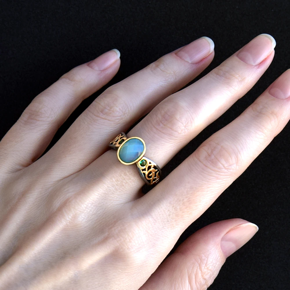 Anillo de patrón dorado con piedra ovalada verde, joyería clásica de buena calidad, el mejor ...