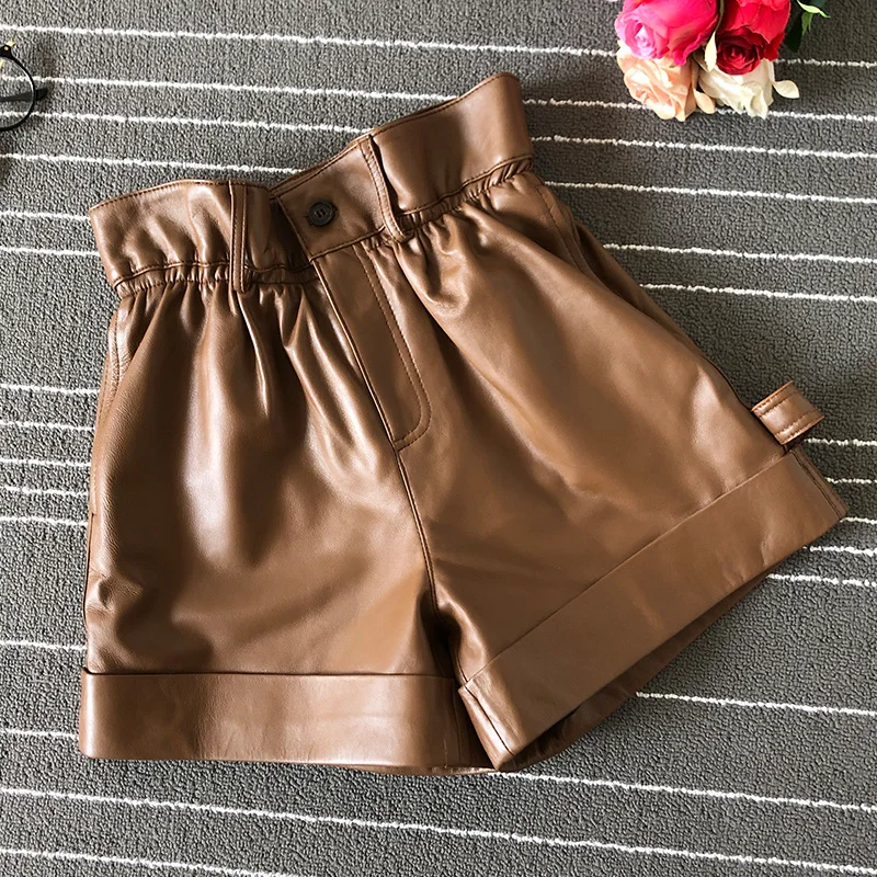 Short en cuir pour femmes, en peau de mouton, bourgeon, taille haute, pantalon ample, marron ...