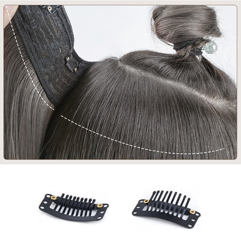 Synthetic U-shaped clip on straight hair extension