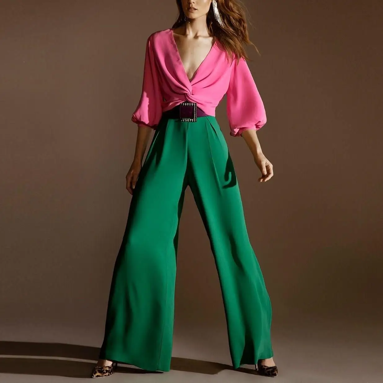Elegant Wide Leg Jumpsuit Patchwork Women Autumn High Waist V Neck ...