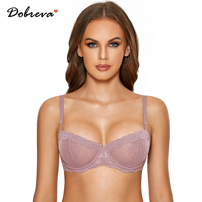 DOBREVA Women's Sexy Lace Bra Underwire Balconette Unlined Demi Sheer Mesh Plus Size Bralette ...