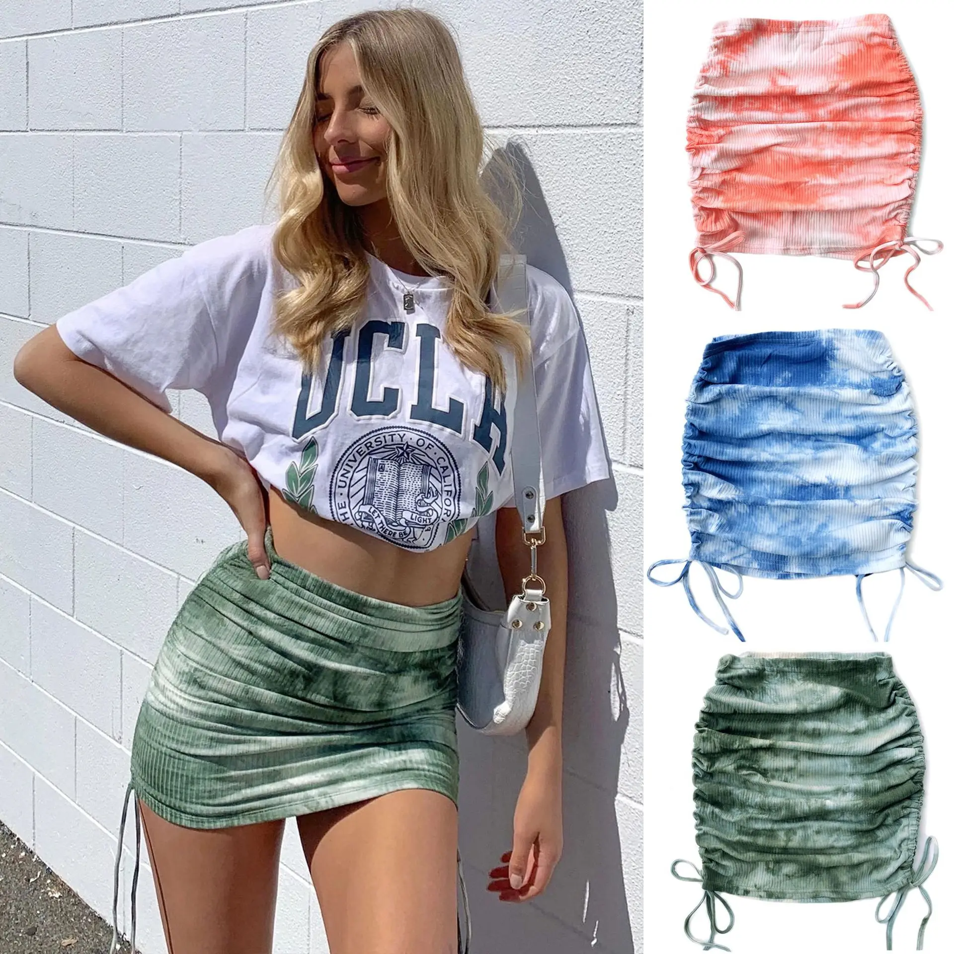 Jupe,Mini jupe tricotée avec cordon de serrage pour femme, tenue ...