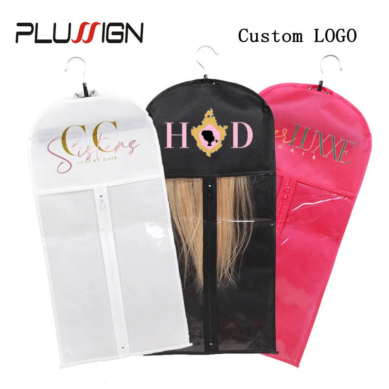 Hair Bag With Hanger Customize Logo Name Black Pink Packaging Bags For ...