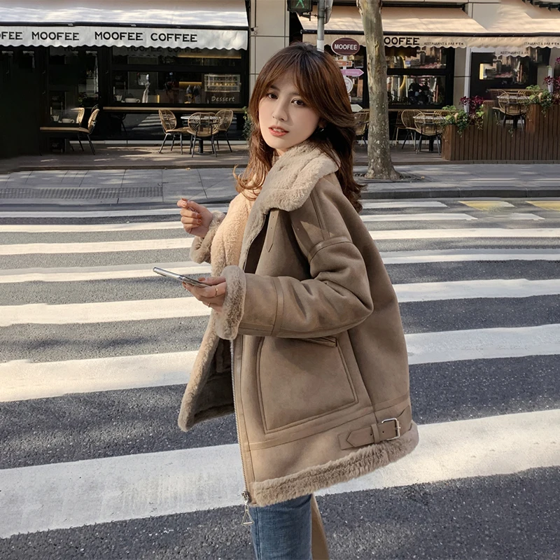 램 양모 코트 여성 겨울 2021 새로운 한국어 양고기 캐시미어 오토바이 의류 두꺼운 모피 원피스 루스 자켓베이식 쟈켓