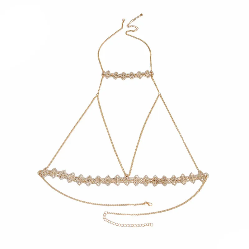 Gold Link Chains Halter Bra Cage Harness Body Chain Shiny Rhinestones ...