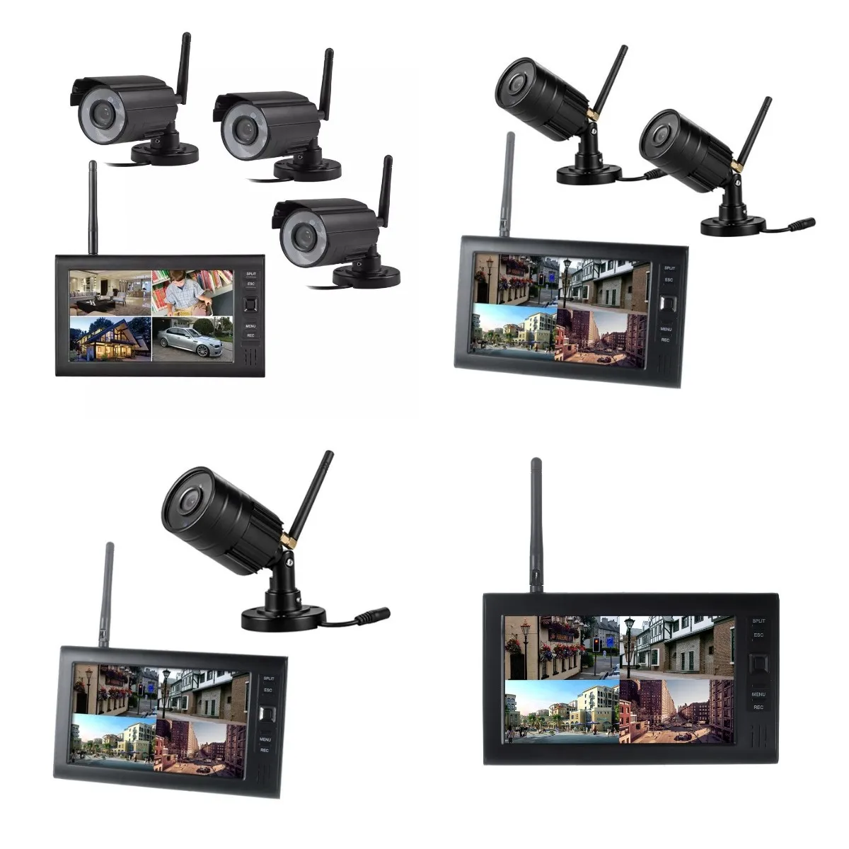 7" Lcd Monitor Home Security 3 Camera System 2.4g Wireless Quad Sd ...