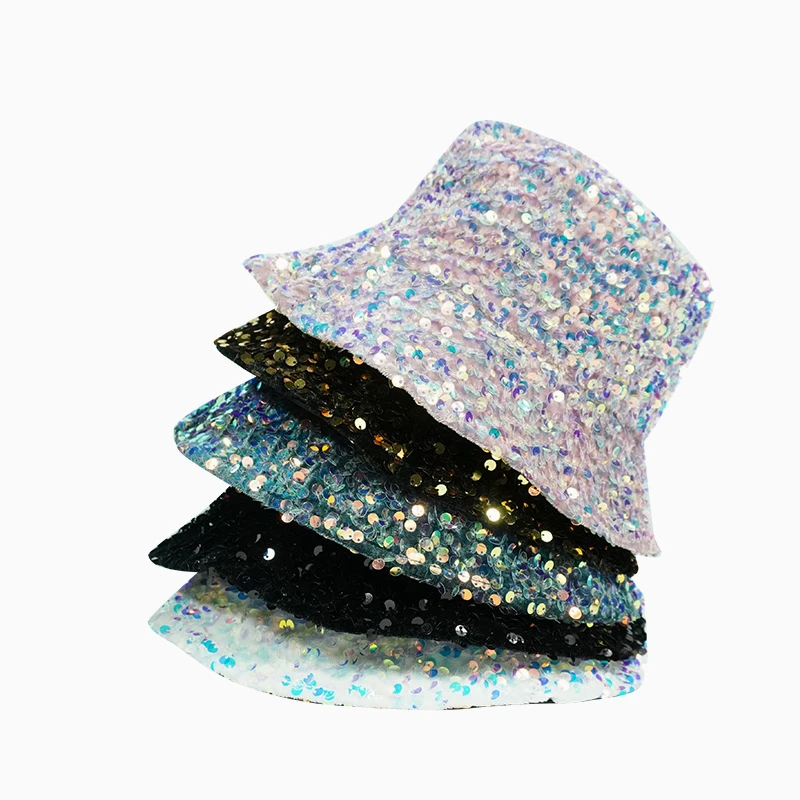2021 New Man Woman Glitter Sequins Bucket Hat Fisherman Hat Folded ...