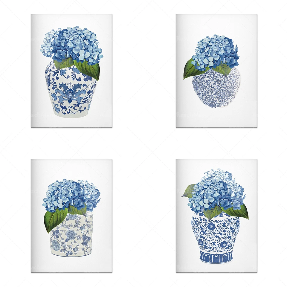 Blue-Hydrangea-Botanical-Prints-vintage-Floral-Coastal-Decor-Set-Preppy ...