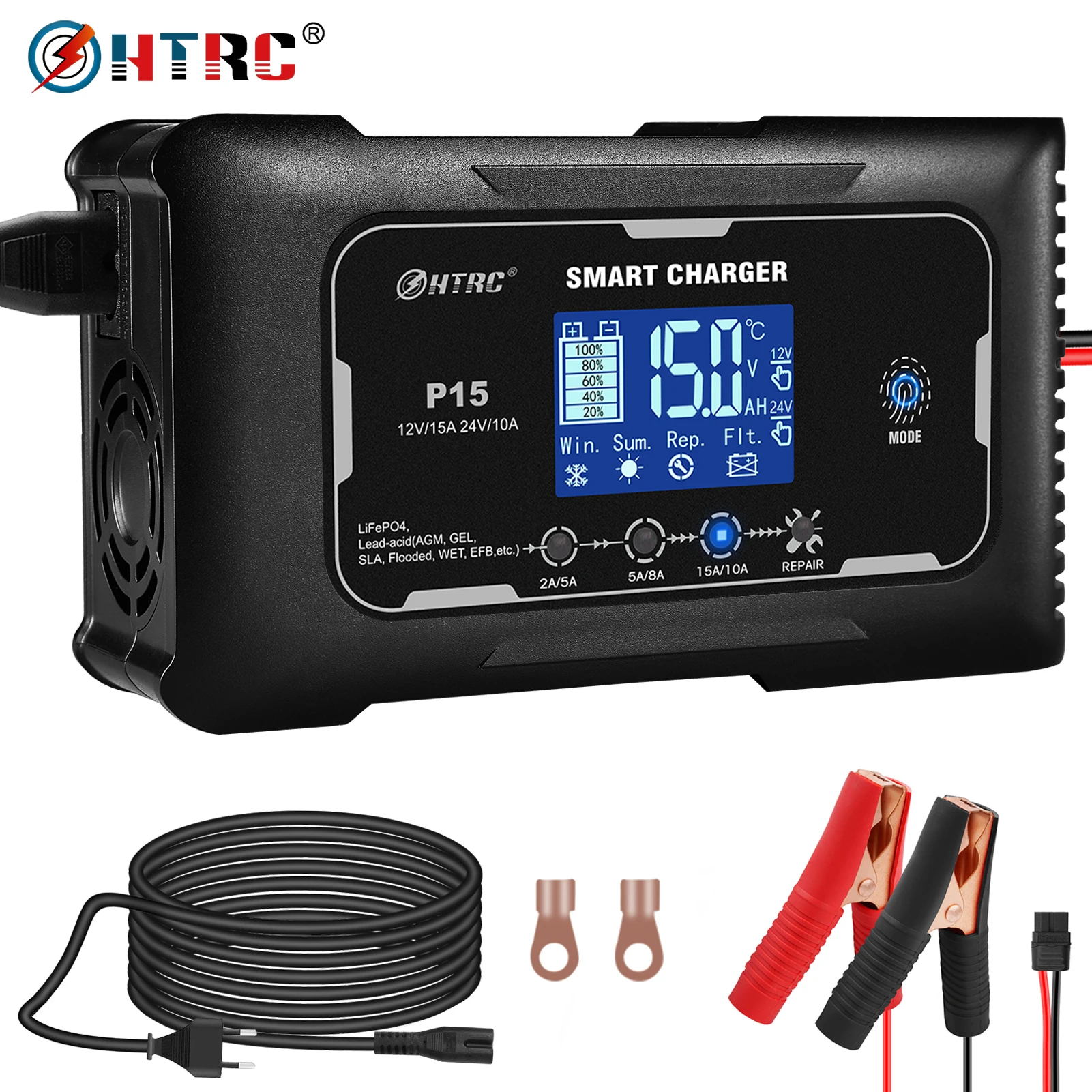Htrc 12v/24v 15a Car Battery Charger Automatic Lcd Pulse Repair Charger ...
