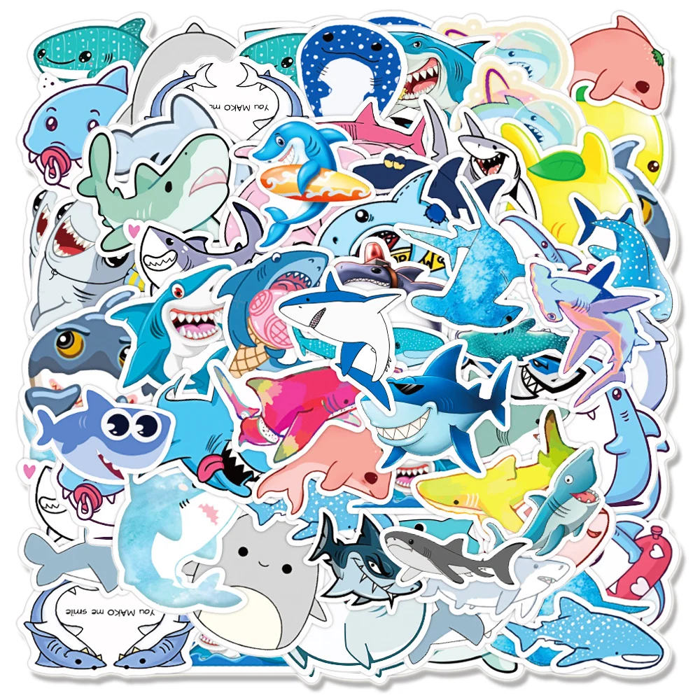 50PCS-Pack-Cute-Blue-Shark-Graffiti-Stickers-For-Notebook-Skateboard ...