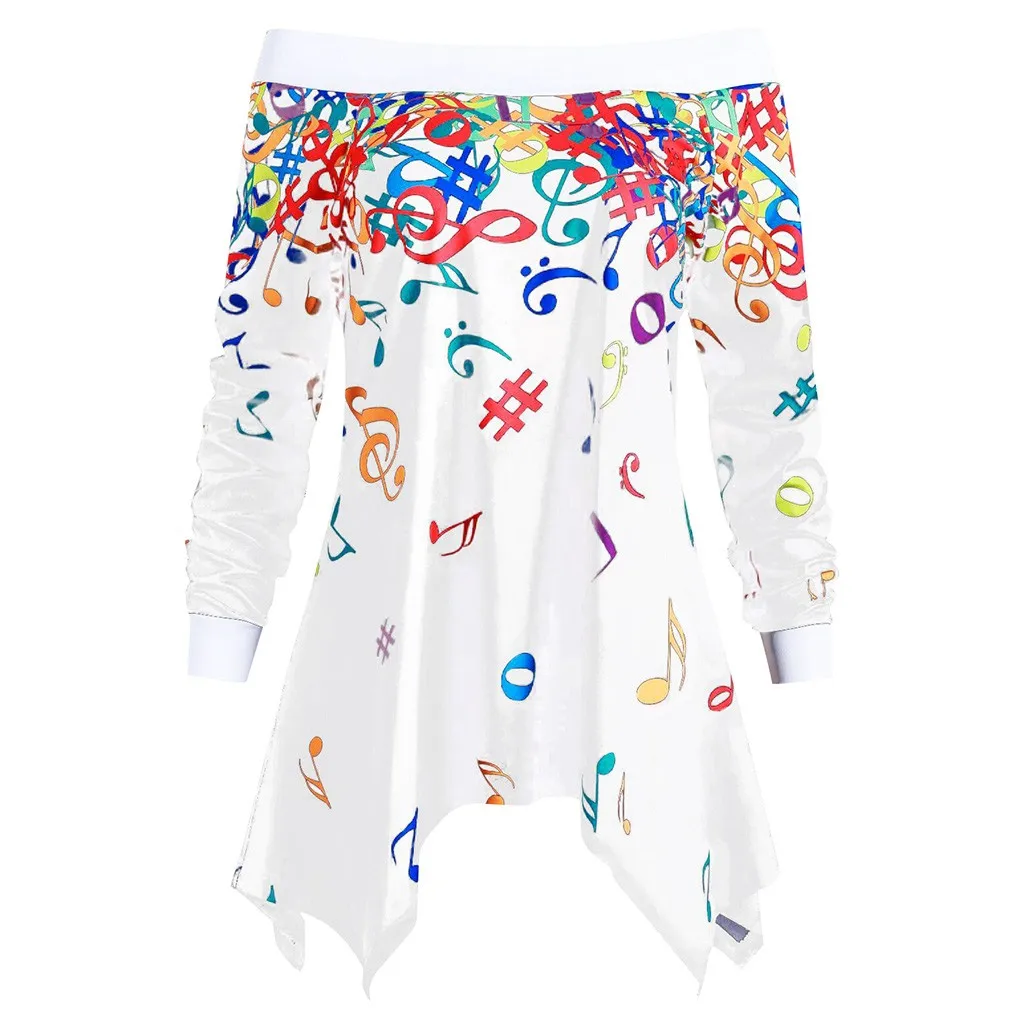 Fashion Women Long Sleeve Off Shoulder Shirts Musical Note Pattern ...