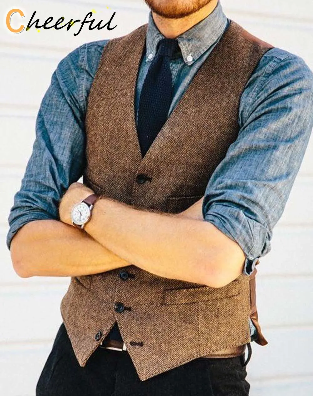 Men's Suit Vest Brown Black Tweed Vest Jacket Slim Formal Groomsman ...