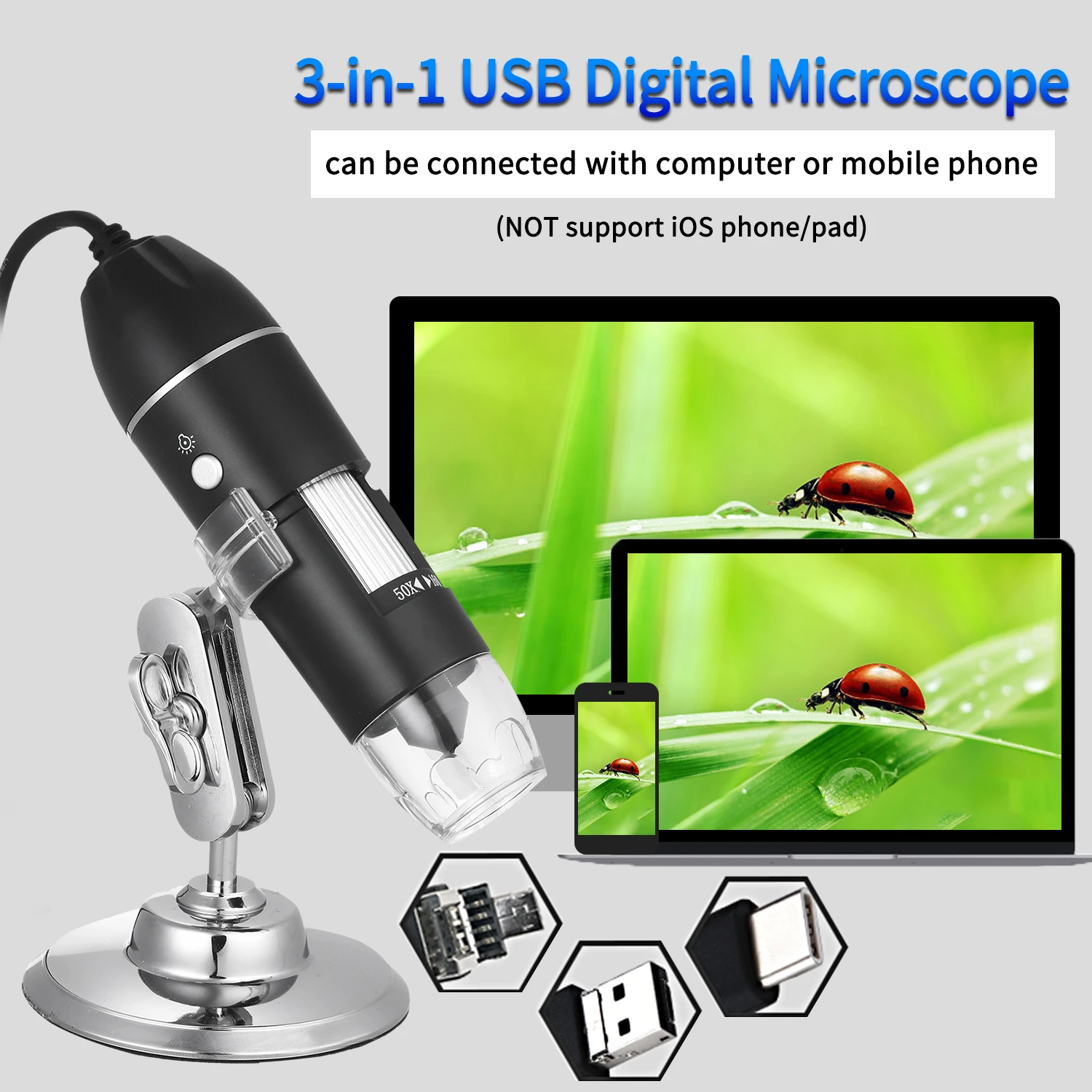 Adjustable 1600X 3 in 1 USB Digital Microscope Type C Electronic ...