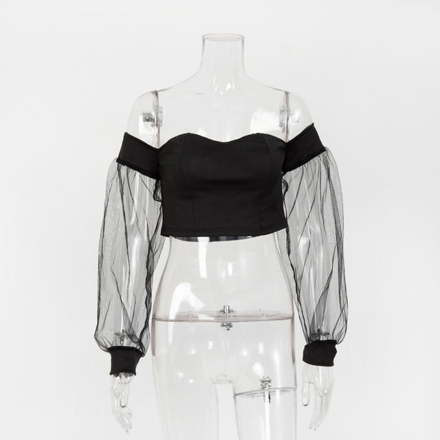 FREE SHIPPING Sexy slash neck Crop Tops Women mesh lantern sleeve off ...
