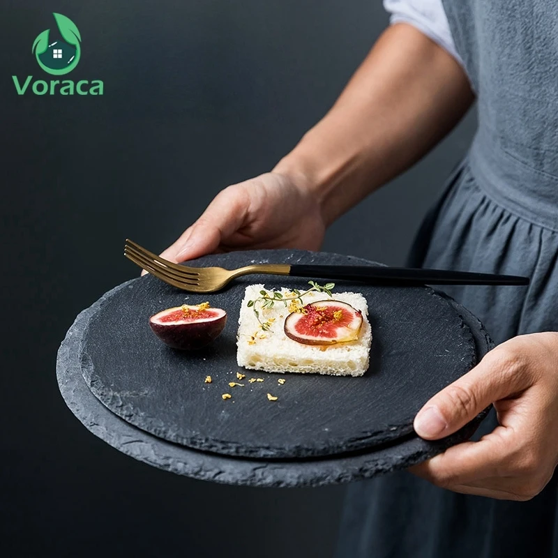 Round Natural Slate Dinner Plates for Steak Pasta Sushi Kitchen ...