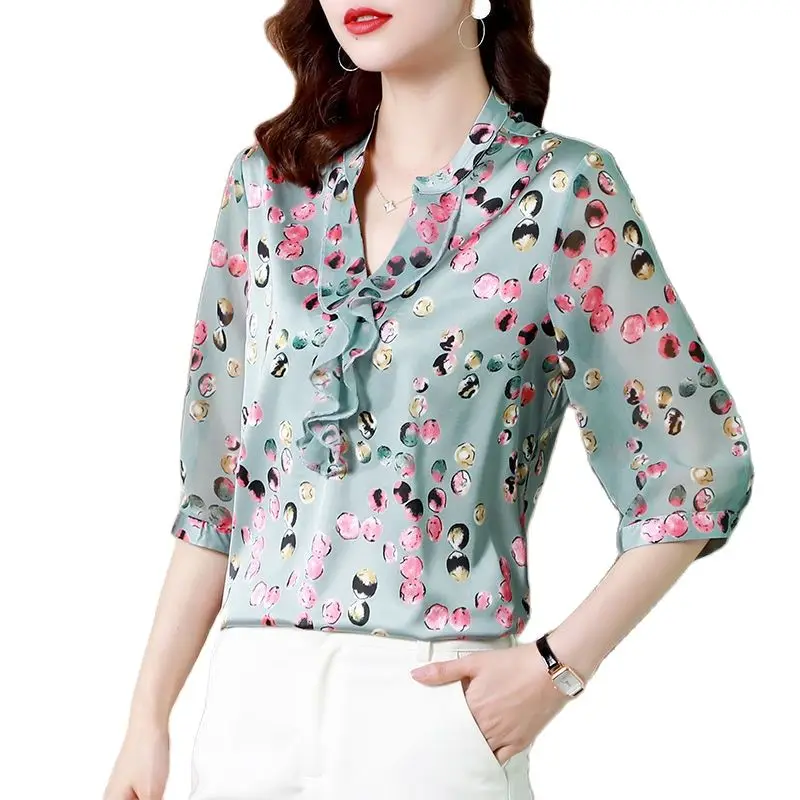 Women-Spring-Summer-Style-Silk-Blouses-Shirts-Lady-Casual-Half-Sleeve-V ...