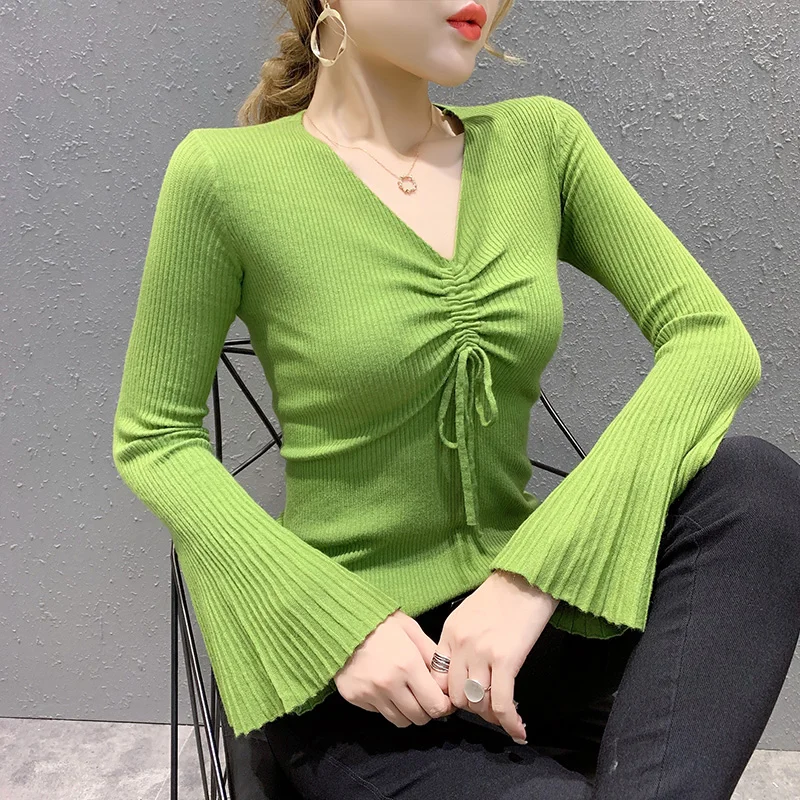 Fashion Flare Sleeve V Neck Lace Up Korean Pullover Sweater Women 2019 ...