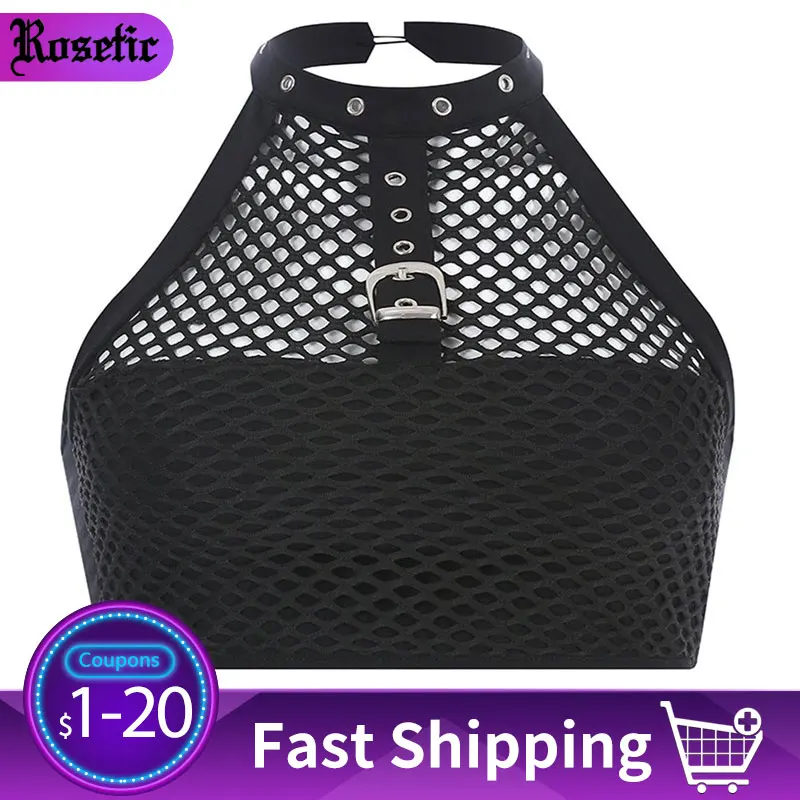 Summer Mesh Top Sexy Gothic Hollow Out Women Tshirt Black Crop Top Club ...